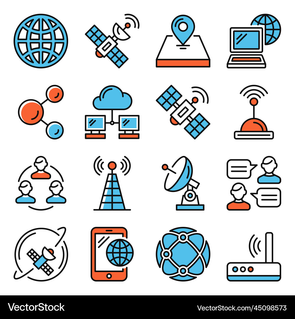 Wireless communications and satellite icons set Vector Image