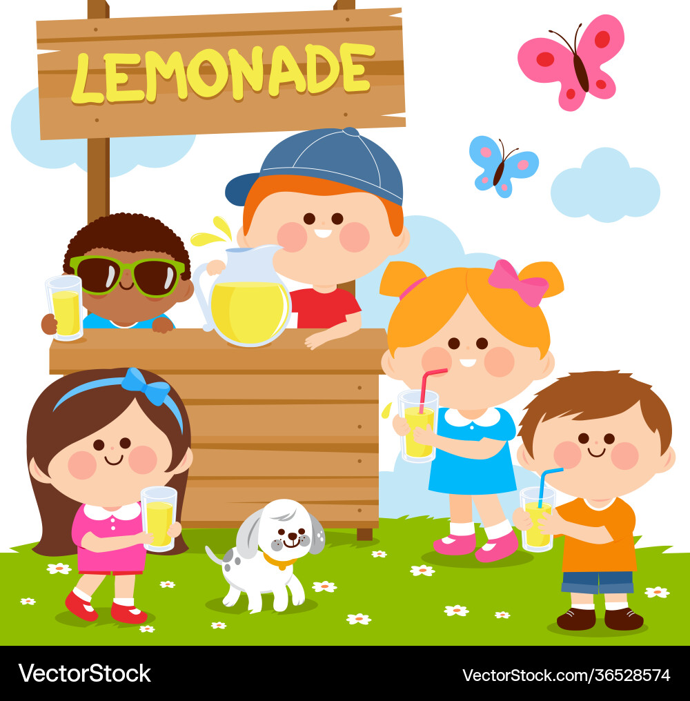Children at a lemonade stand drinking lemon juice Vector Image