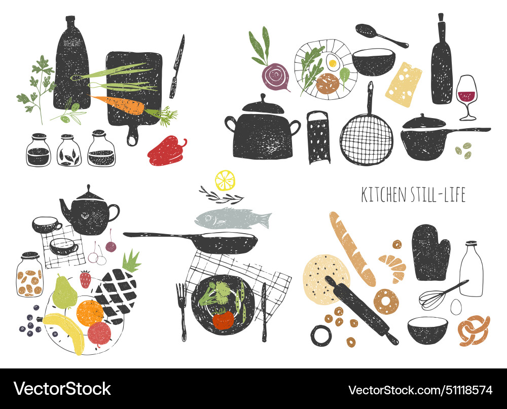 Hand drawn kitchen utensils and food Royalty Free Vector