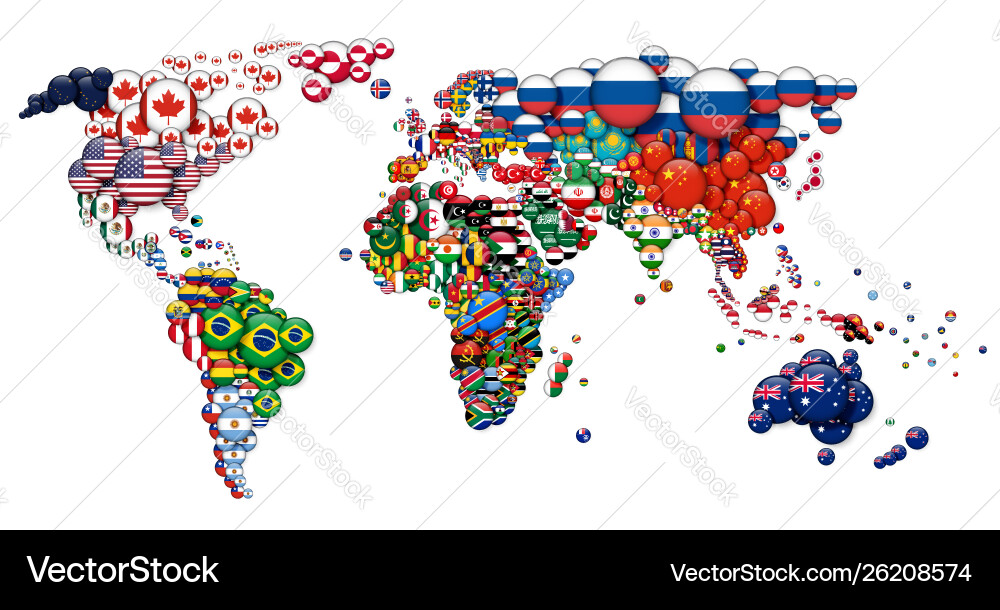 World map and all national circle country flags Vector Image