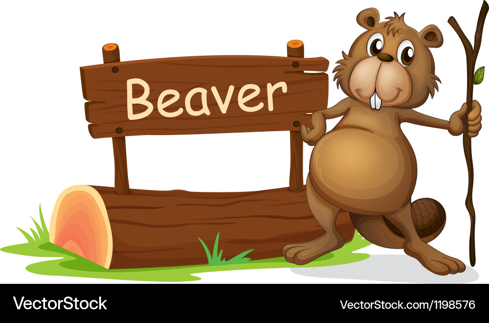 A signboard and beaver with stick Royalty Free Vector Image