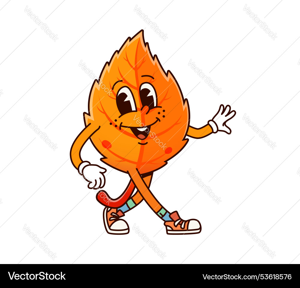 Groovy autumn orange leaf cartoon character Vector Image
