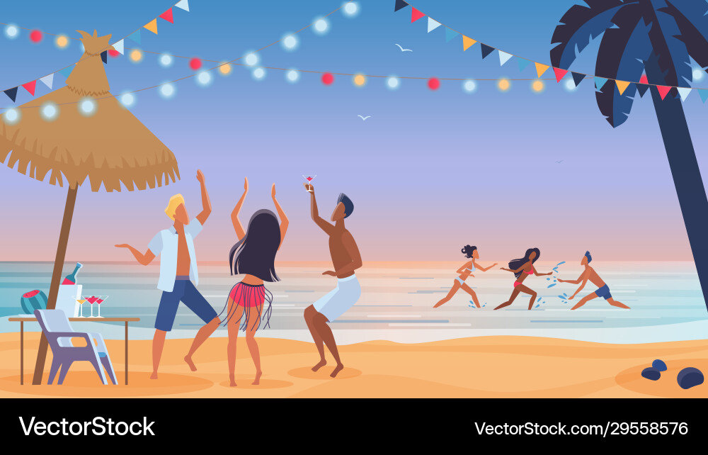 Young people friends dancing on beach cartoon Vector Image