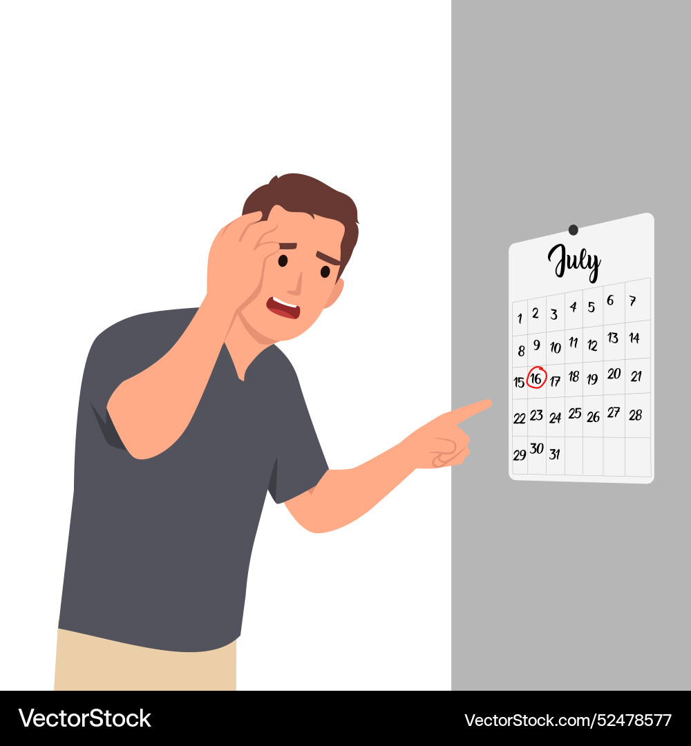 Man scared of deadline looking at calendar Vector Image