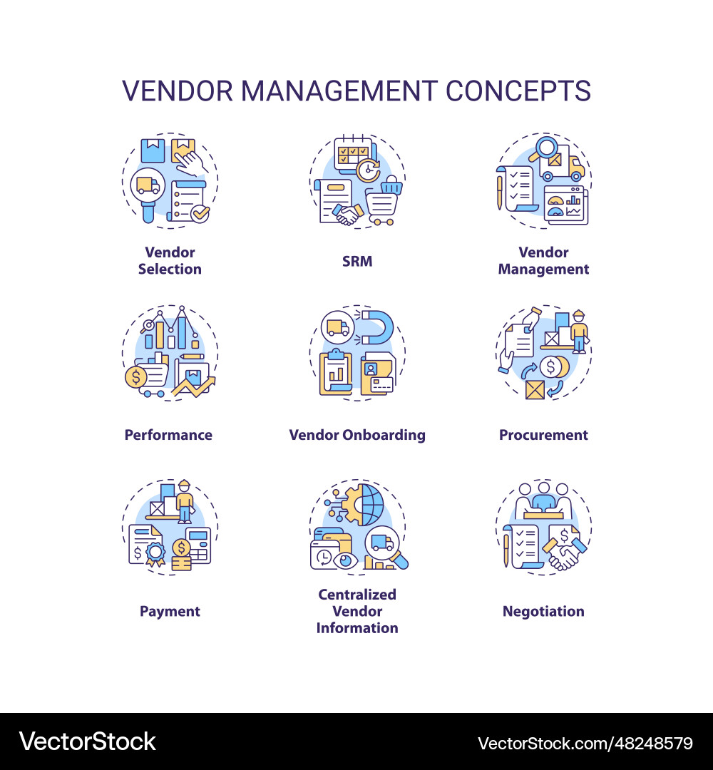 Customizable icons representing vendor management Vector Image