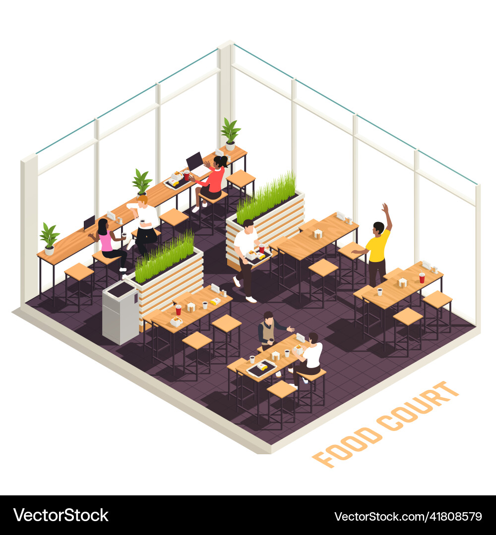 Food court colored and isometric composition Vector Image
