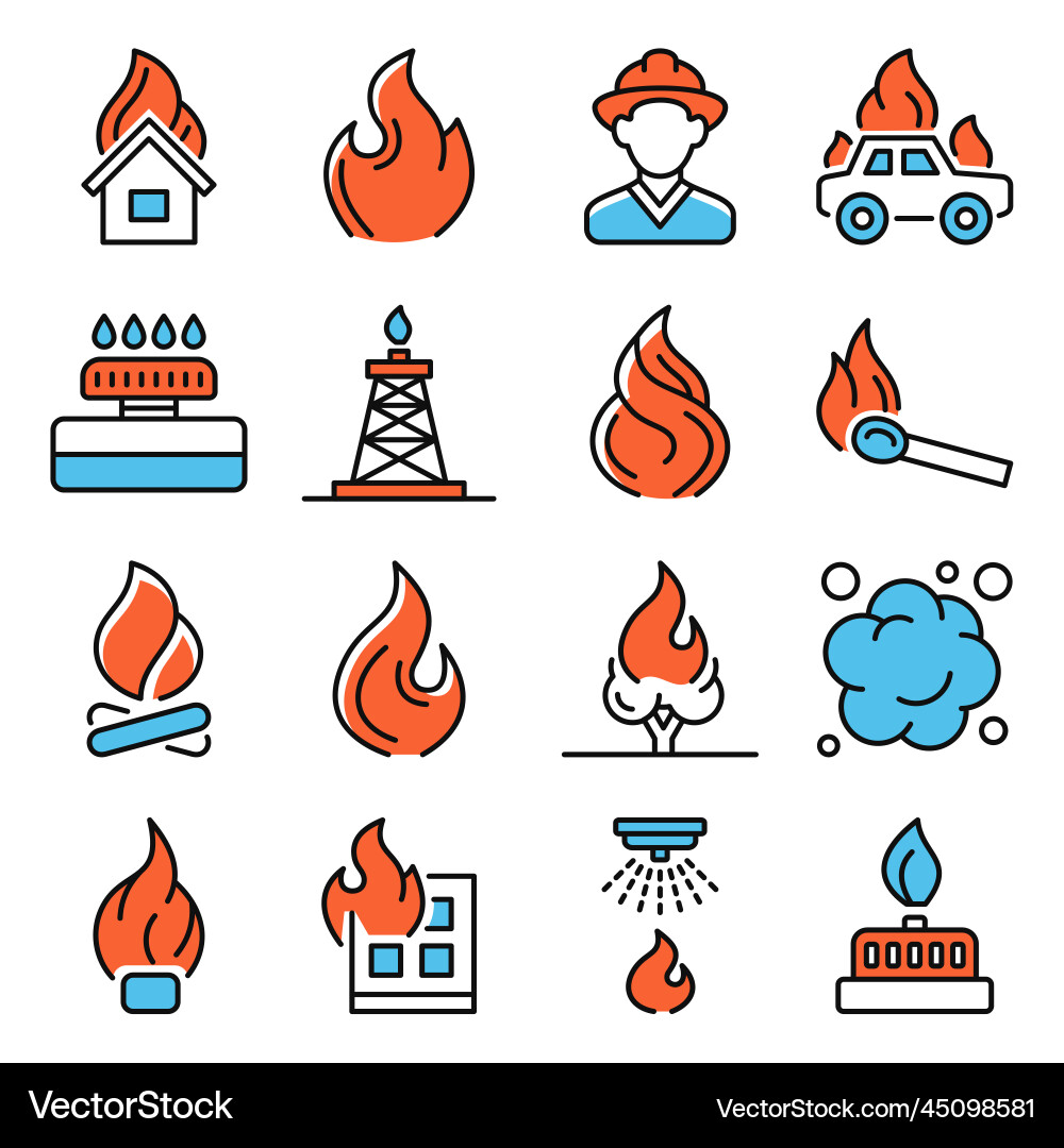 Fire flames and firefighting icons set on white Vector Image
