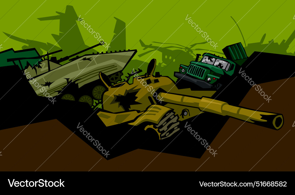 A dump of destroyed military vehicles Royalty Free Vector