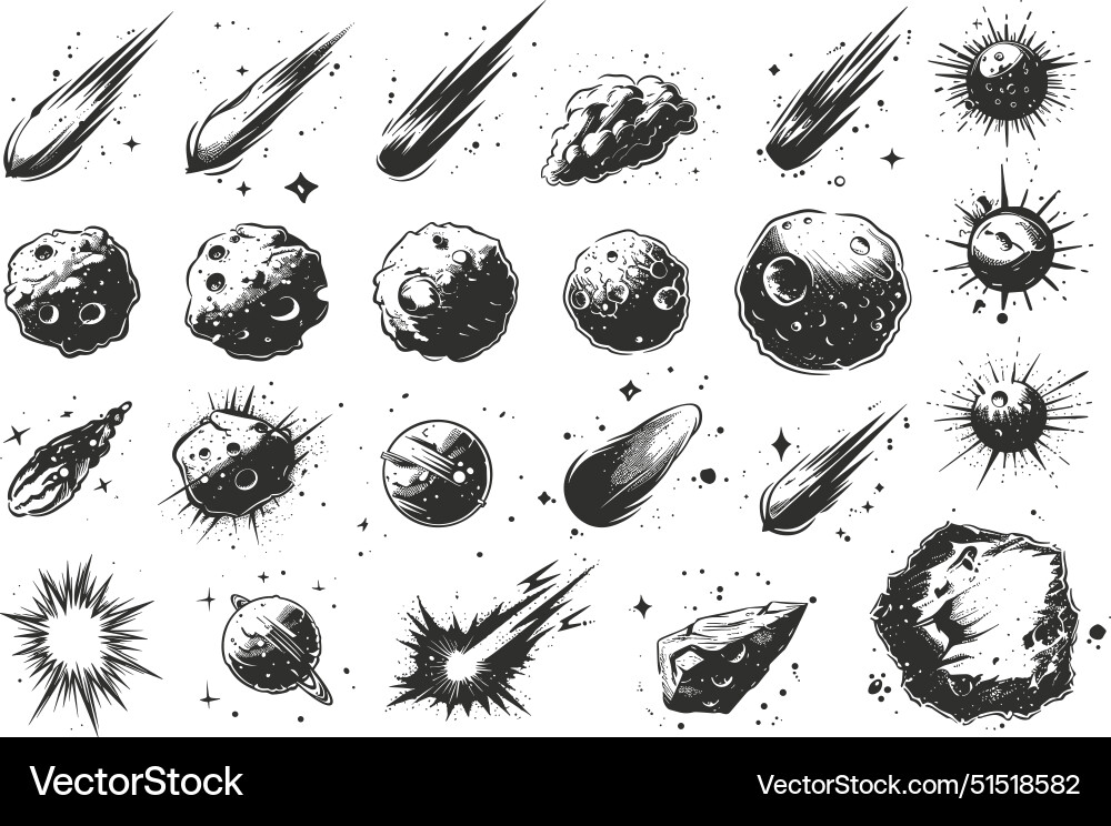 Doodle style comets and meteorites icon set comet Vector Image