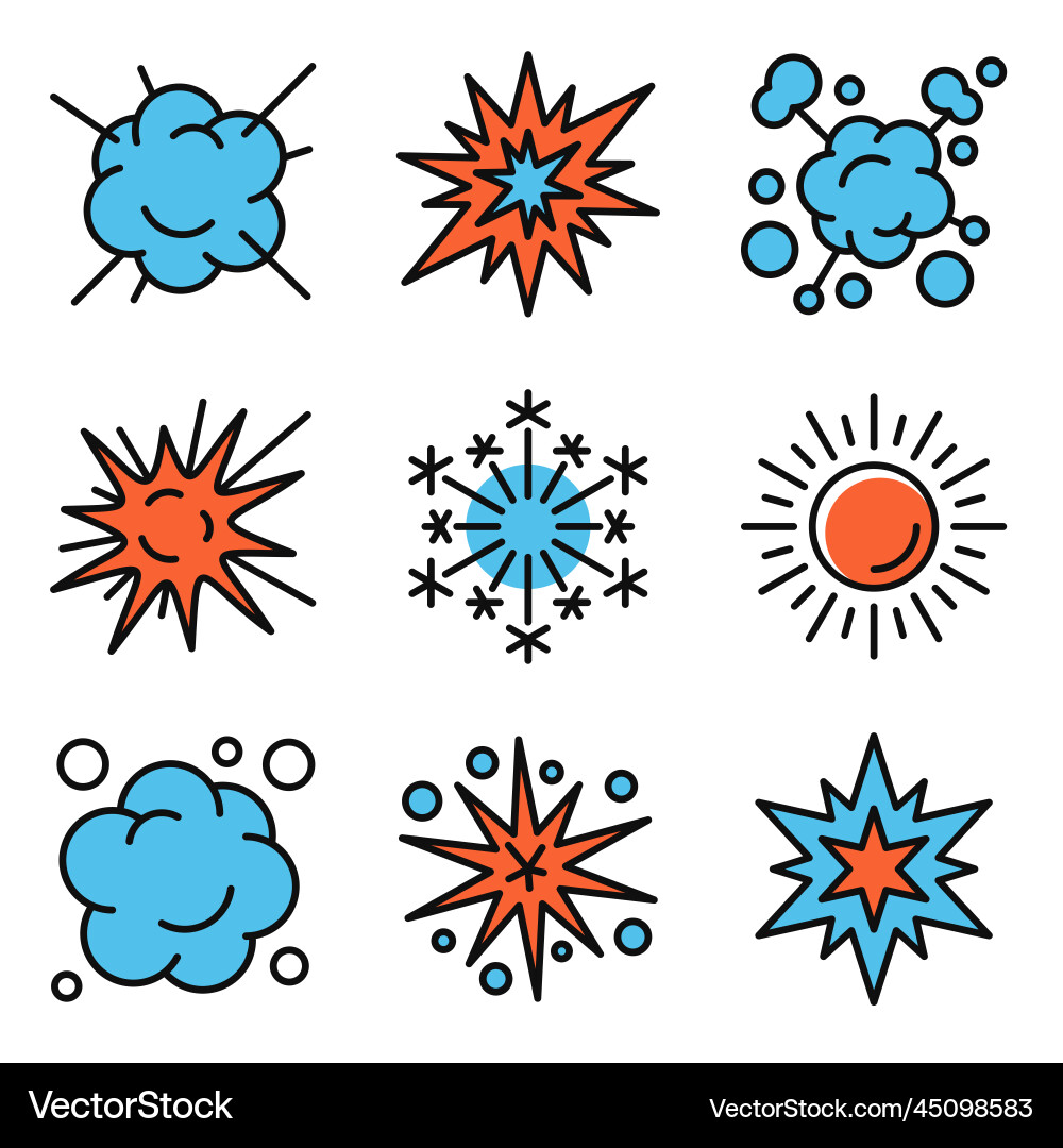 Explosion fireworks and boom icons set on white Vector Image