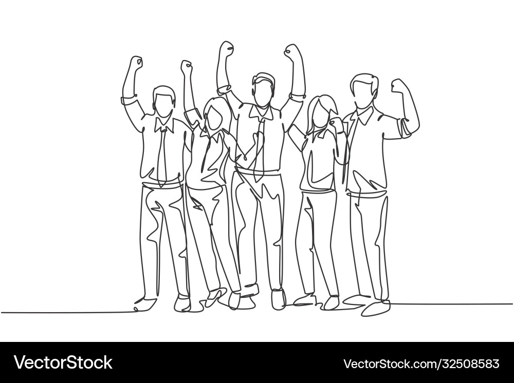 One single line drawing group young happy male Vector Image
