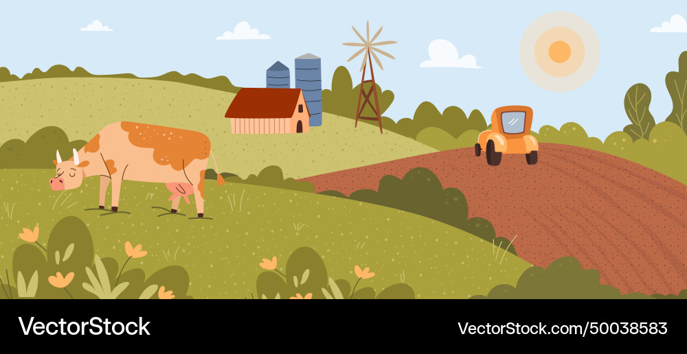 Rural landscape with hills grass and cow Vector Image