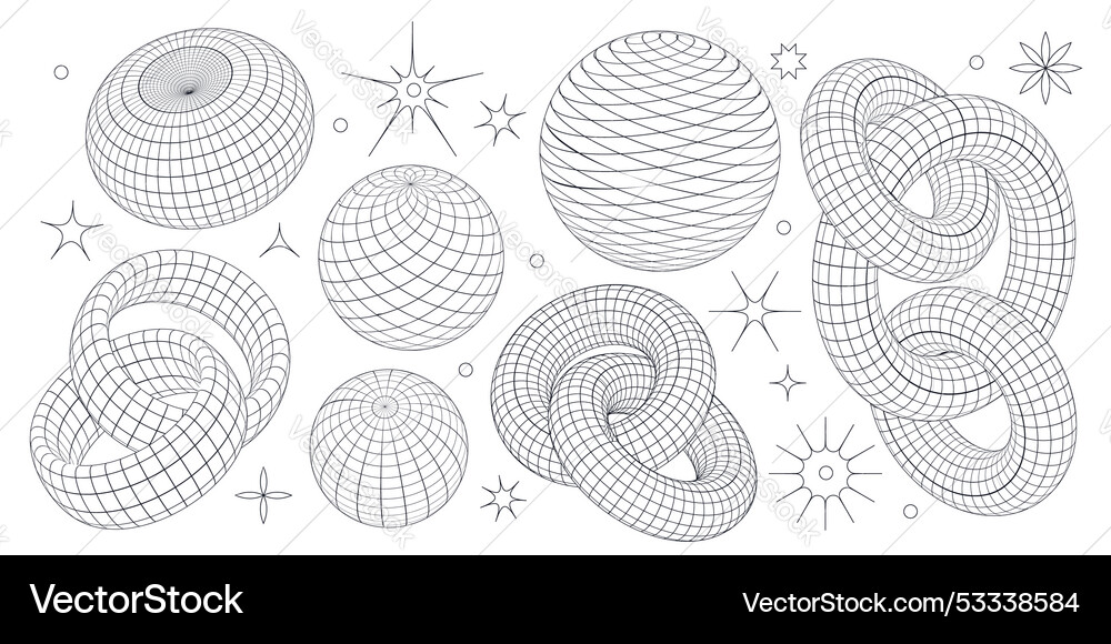 Set of wireframe 3d geometric shapes wire frame Vector Image