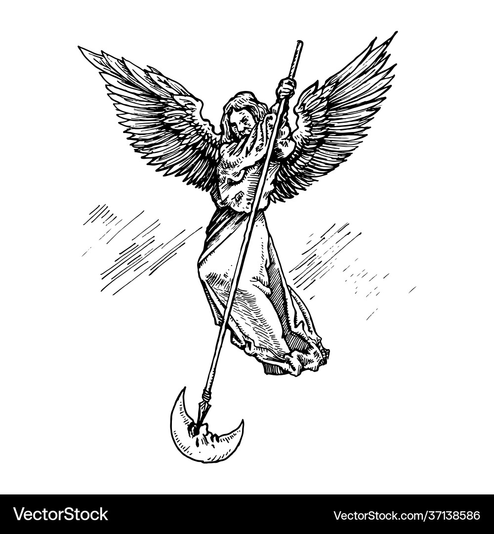 Angel flying on wings strikes eye moon Royalty Free Vector