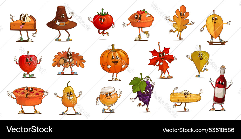 Cartoon groovy thanksgiving characters set Vector Image