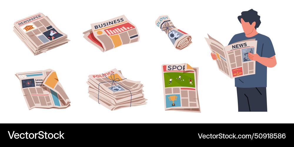 Cartoon periodical newspapers rolls stacks Vector Image