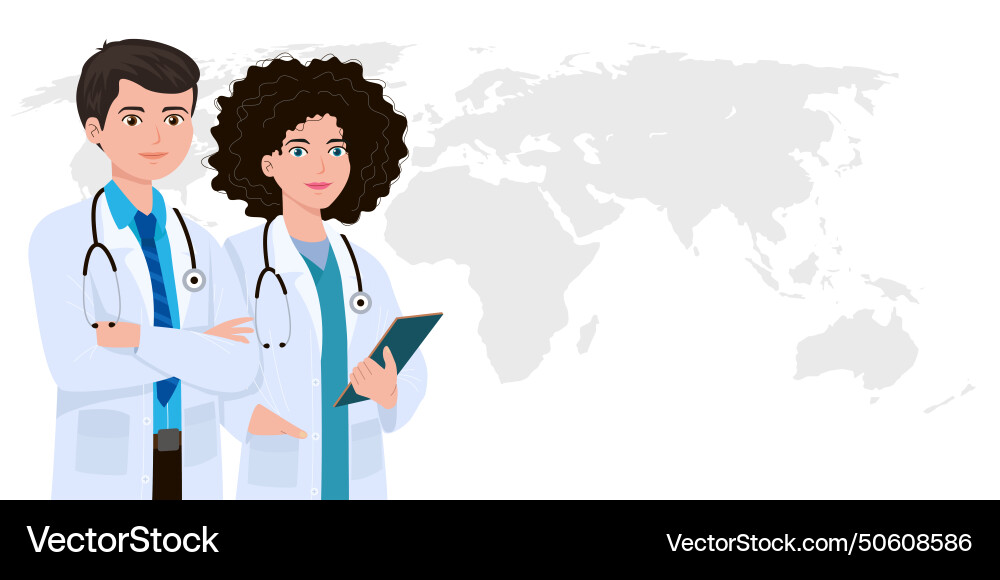 Doctors with world map background Royalty Free Vector Image