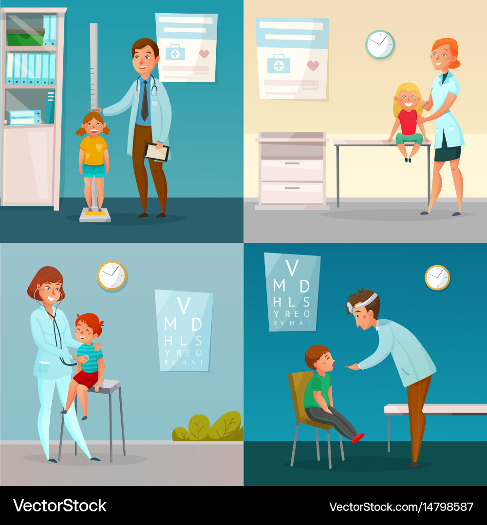 Kids visit doctors cartoon compositions Royalty Free Vector