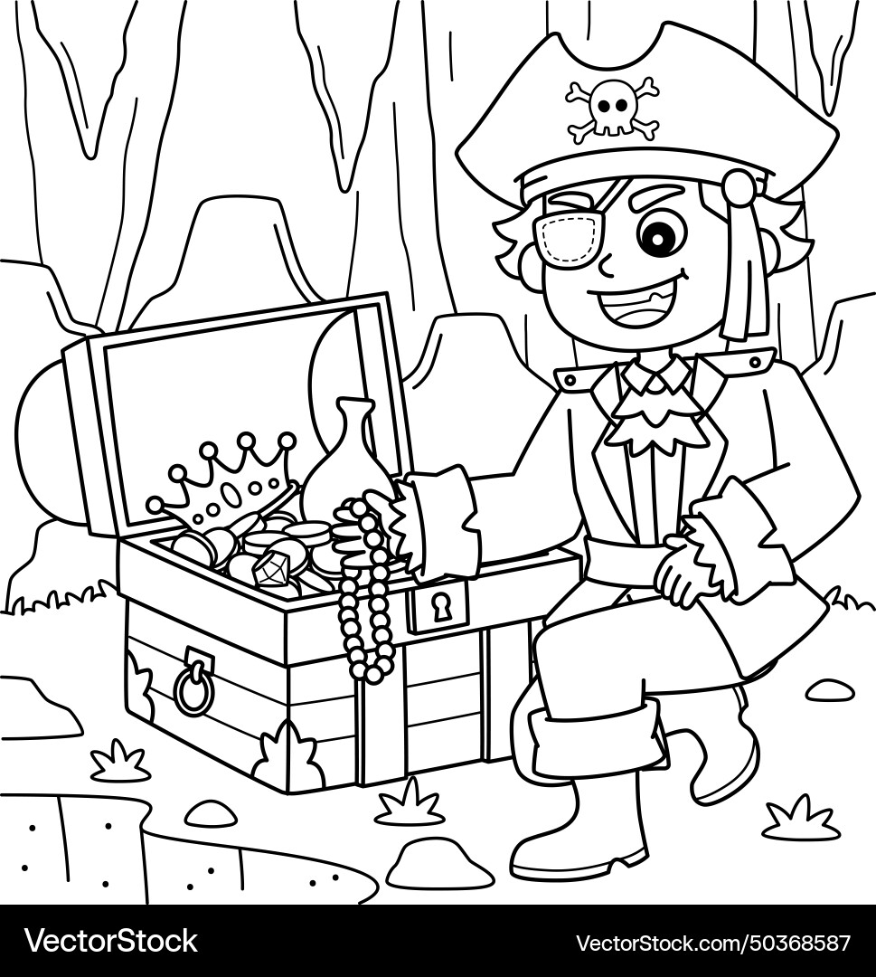 Pirate with treasure coloring page for kids Vector Image