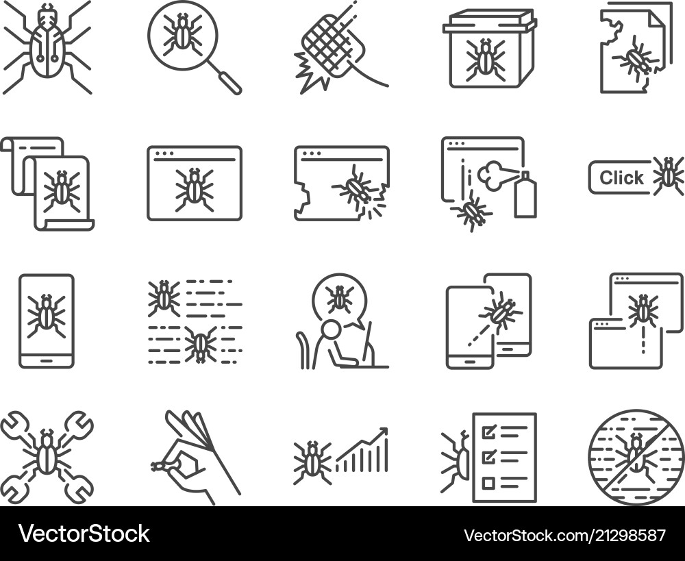 Qa and bug fix icon set Royalty Free Vector Image