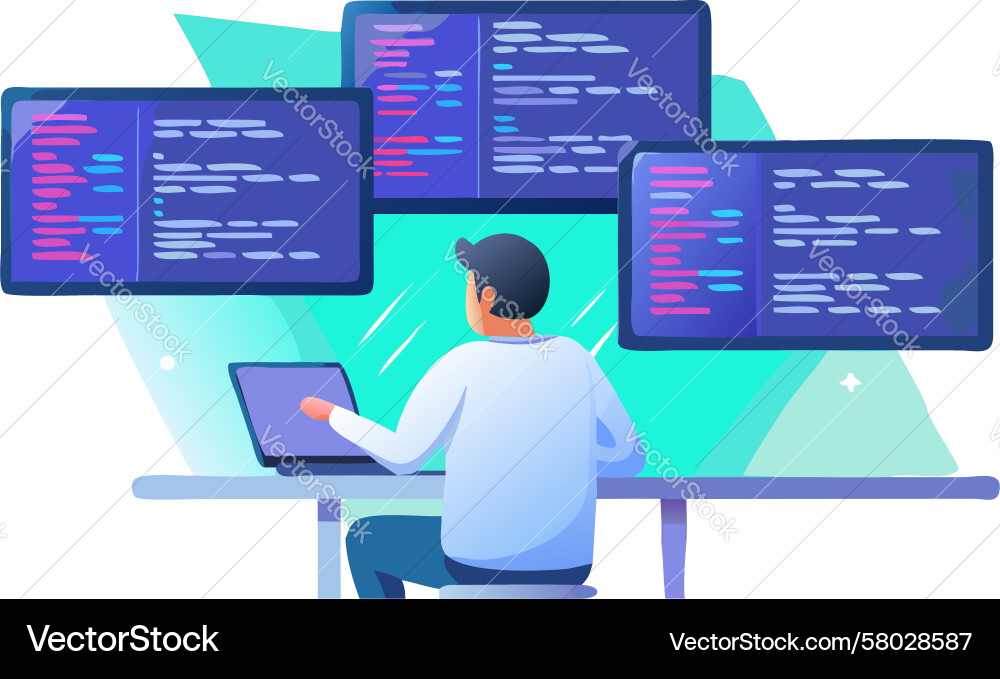 Software developer working with multiple screens Vector Image