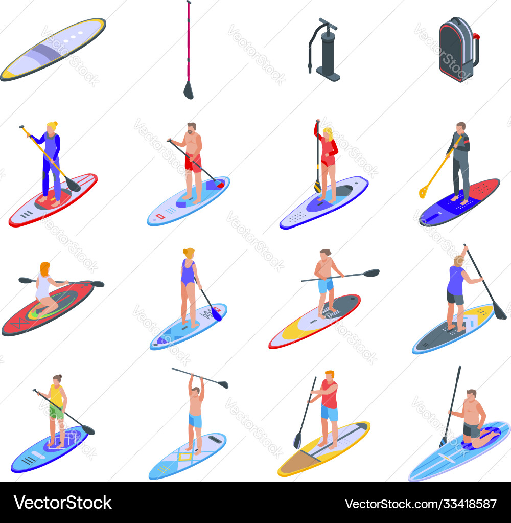 Sup Surfing Icons - Isometric Style Royalty Free Vector