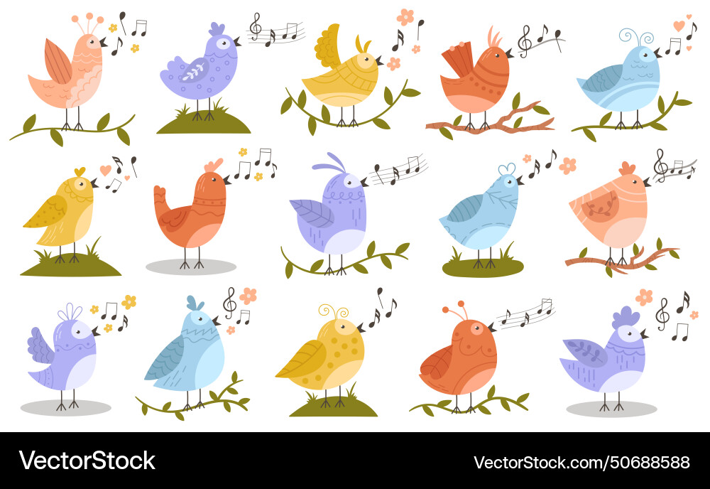 Cute little bird characters singing spring songs Vector Image