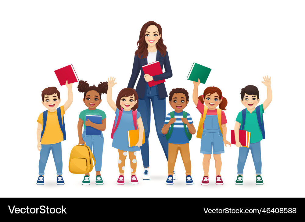 School children and teacher Royalty Free Vector Image