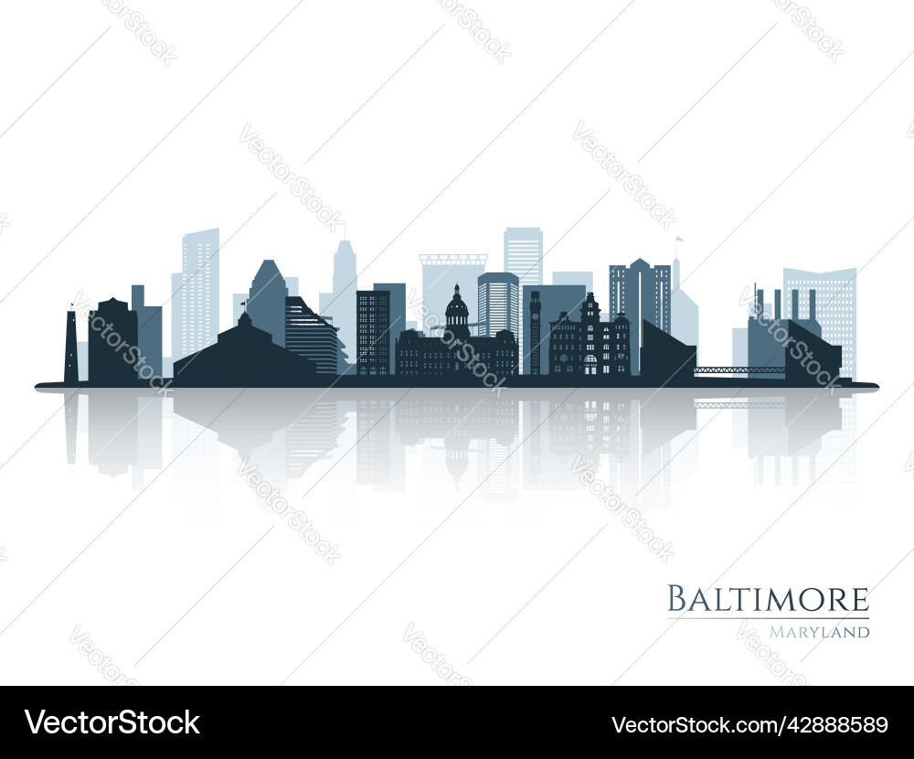 Baltimore skyline silhouette with reflection Vector Image