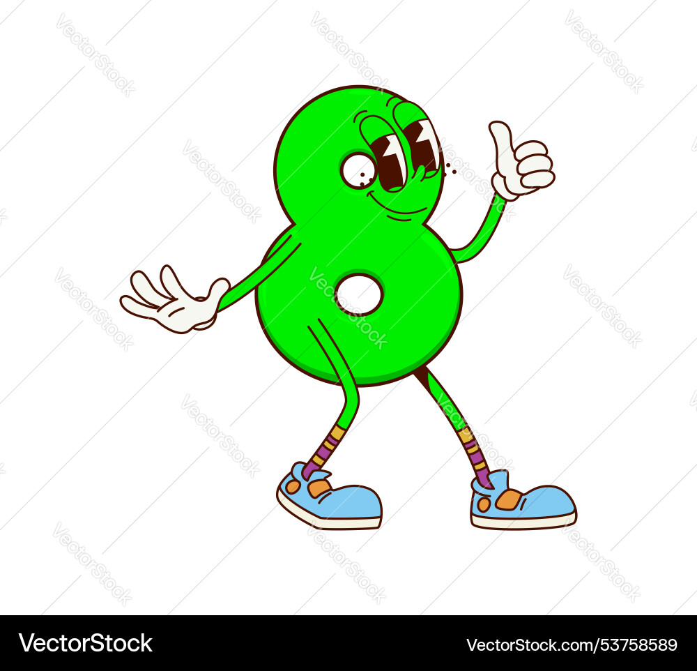 Math number eight cartoon groovy character smiles Vector Image