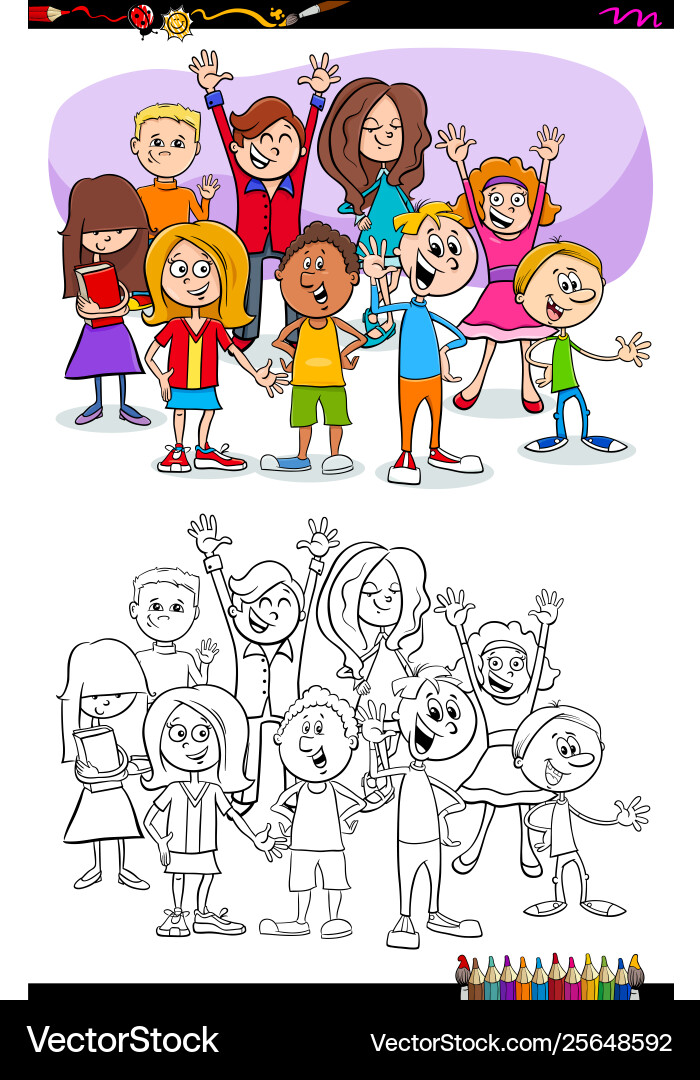 Kids and teens characters group coloring book Vector Image