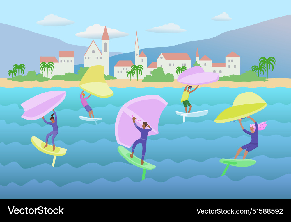 Seascape with wing foiling people Royalty Free Vector Image