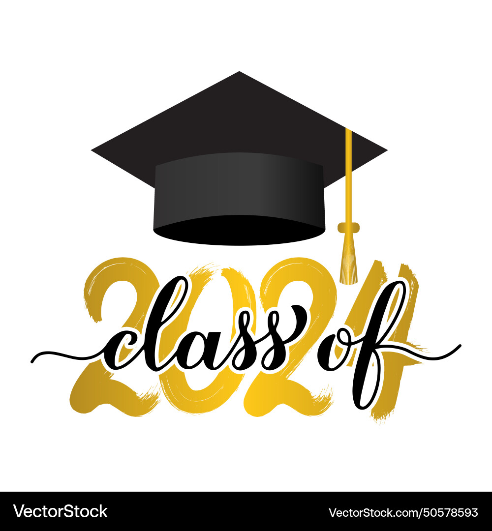 Class of 2024 lettering with graduation hat Vector Image