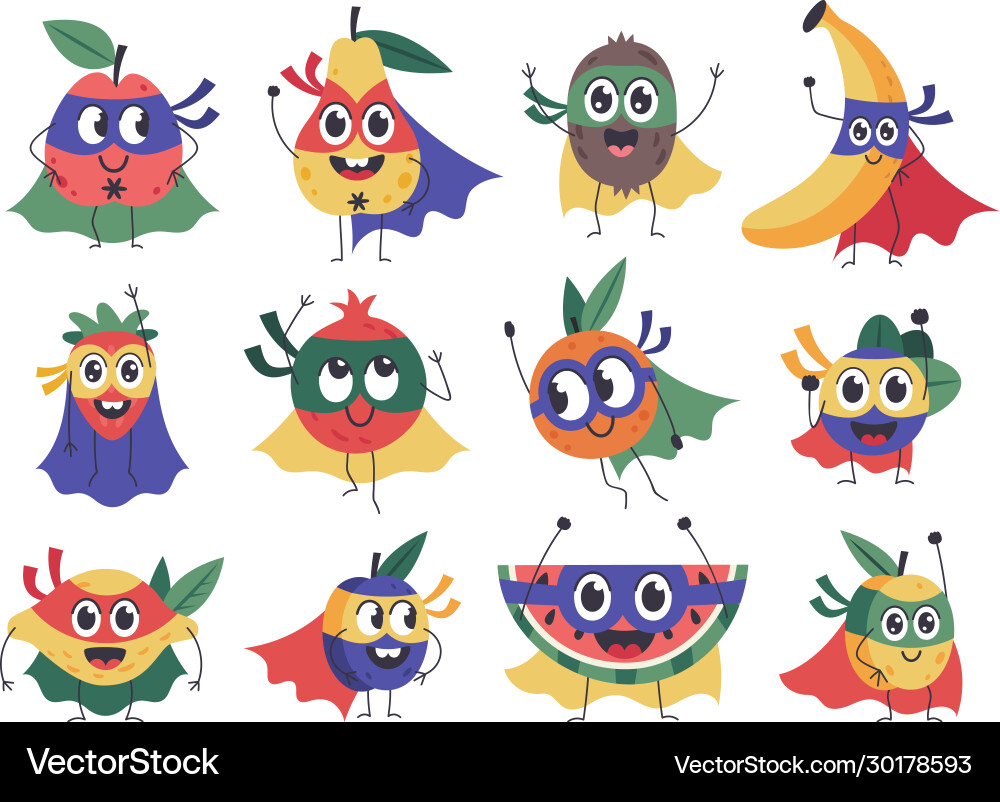 Superhero fruit cute funny fruits Royalty Free Vector Image