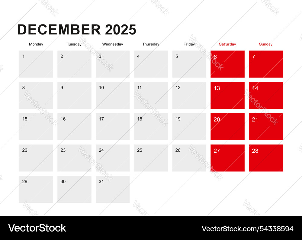 2025 december planner calendar design week starts Vector Image