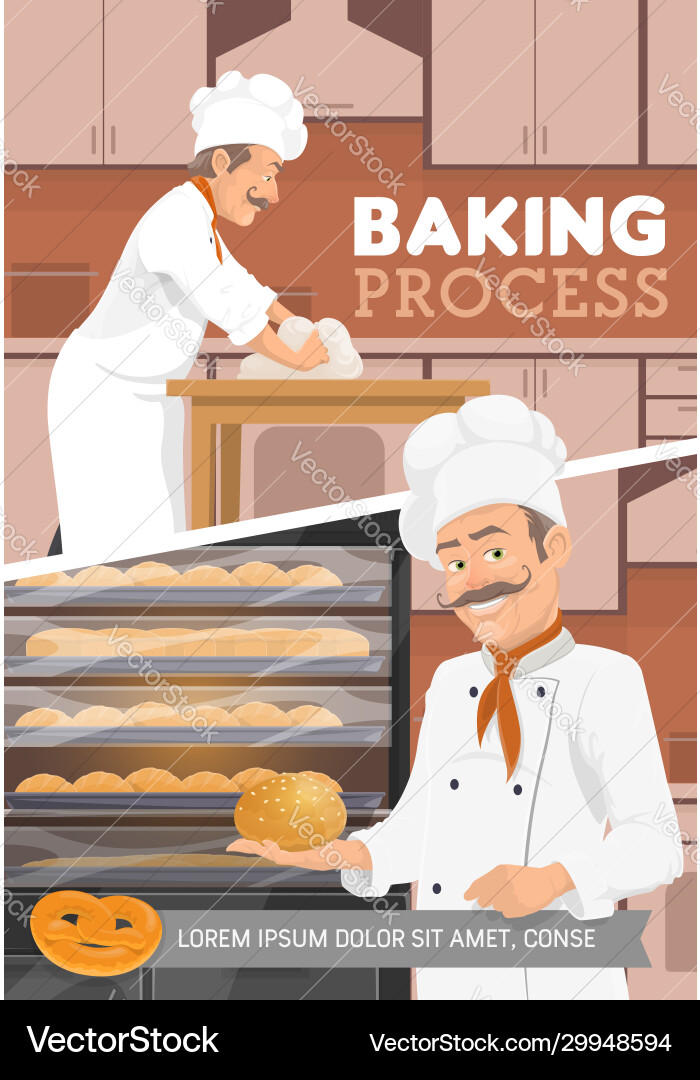 Baking process baker bread and desserts Royalty Free Vector