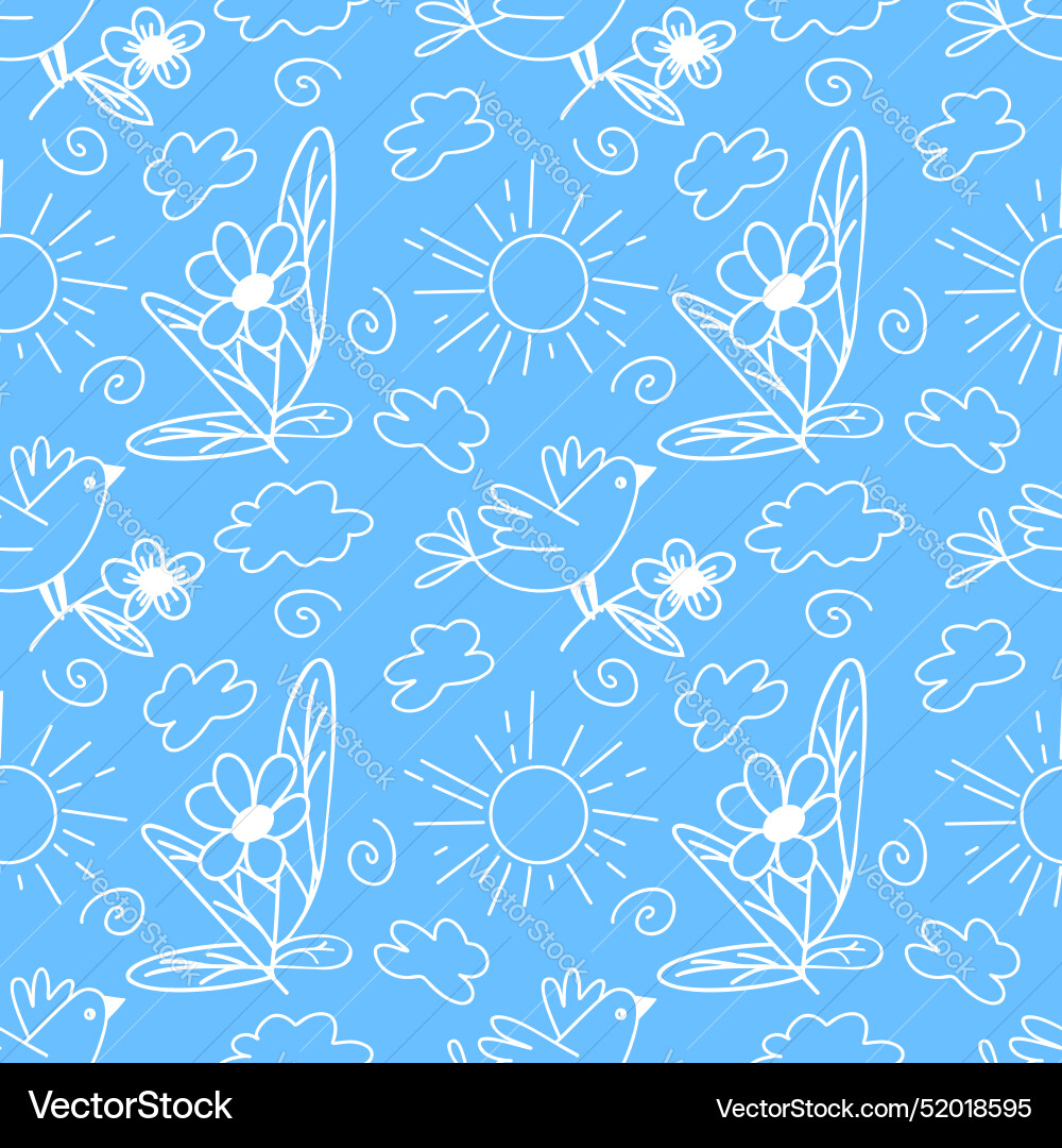 Bird with a flower sun and clouds seamless Vector Image
