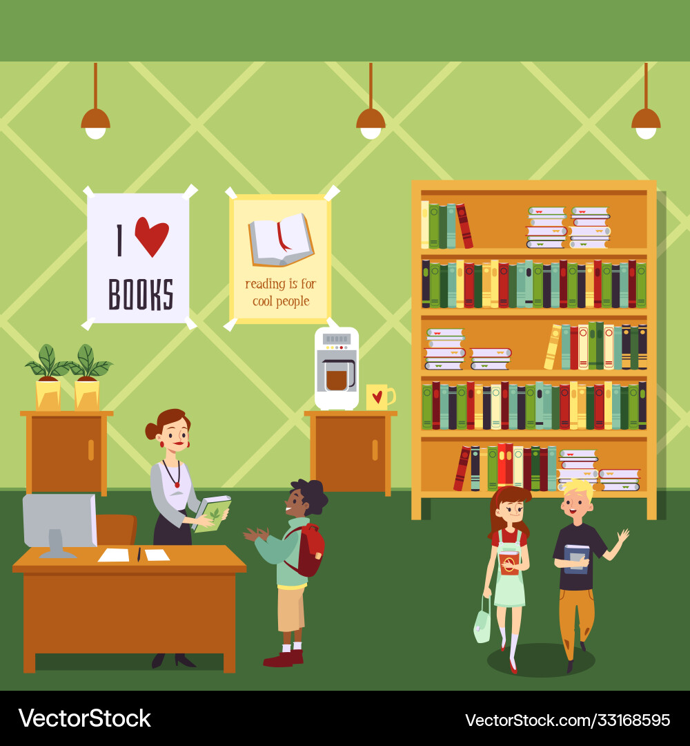 Kid library interior with cartoon children holding