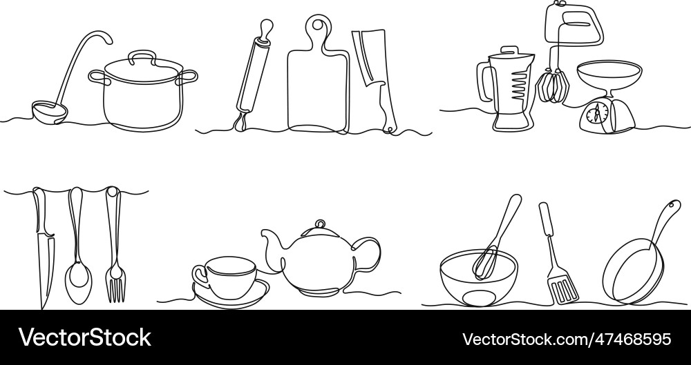 One line food restaurant emblems cutlery teapot Vector Image
