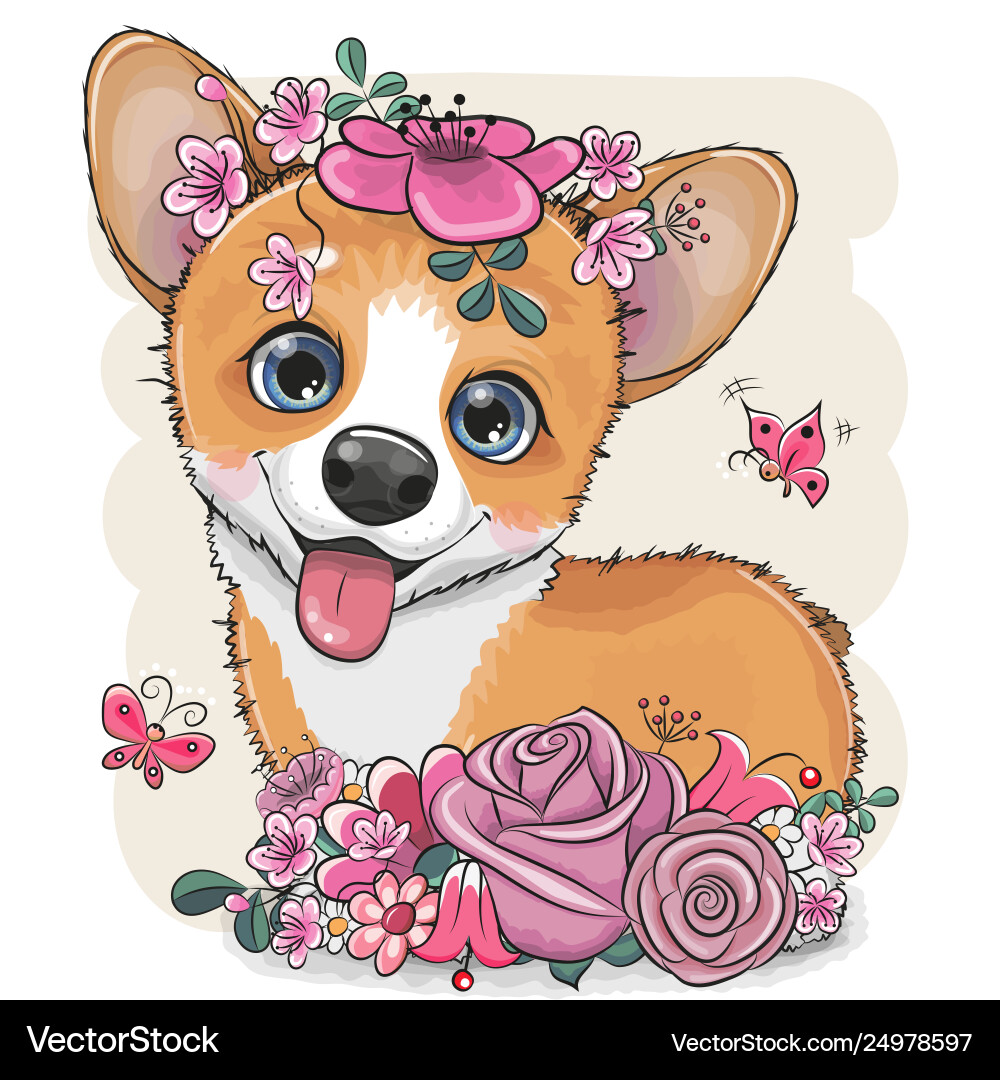 Cartoon corgi with flowerson a white background Vector Image