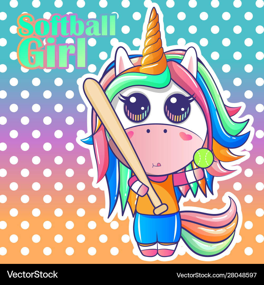 Cute softball unicorn cartoon Royalty Free Vector Image