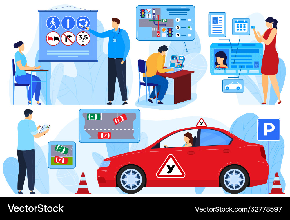 Instructor exam for car driver people learners Vector Image