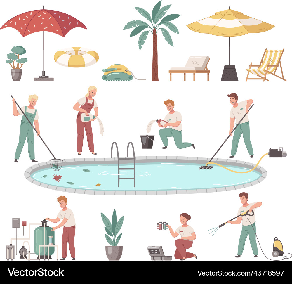 Pool mantenance service cartoon set Royalty Free Vector