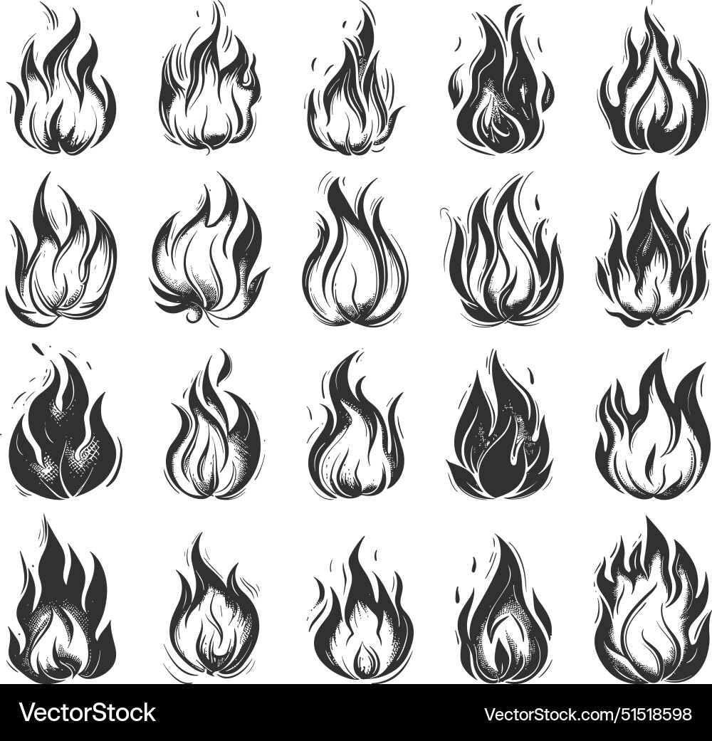Doodle style flames icon set flame fire heat Vector Image