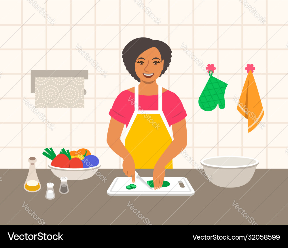 Black woman cuts vegetables for salad in kitchen Vector Image