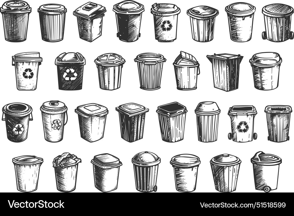 Doodle style garbage cans icons set hand drawn Vector Image