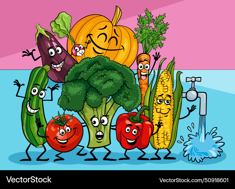 Funny cartoon vegetables food objects characters Vector Image