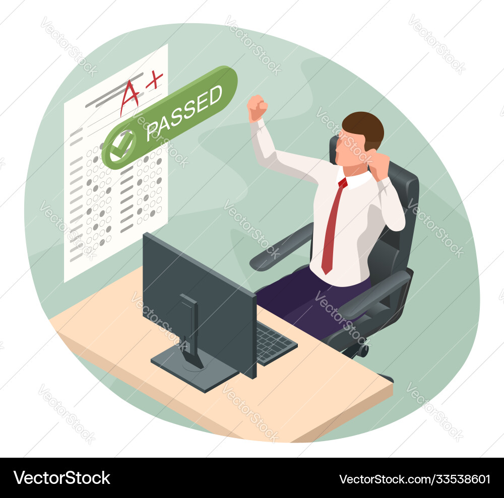 Isometric exam sheet with a plus grade flat Vector Image