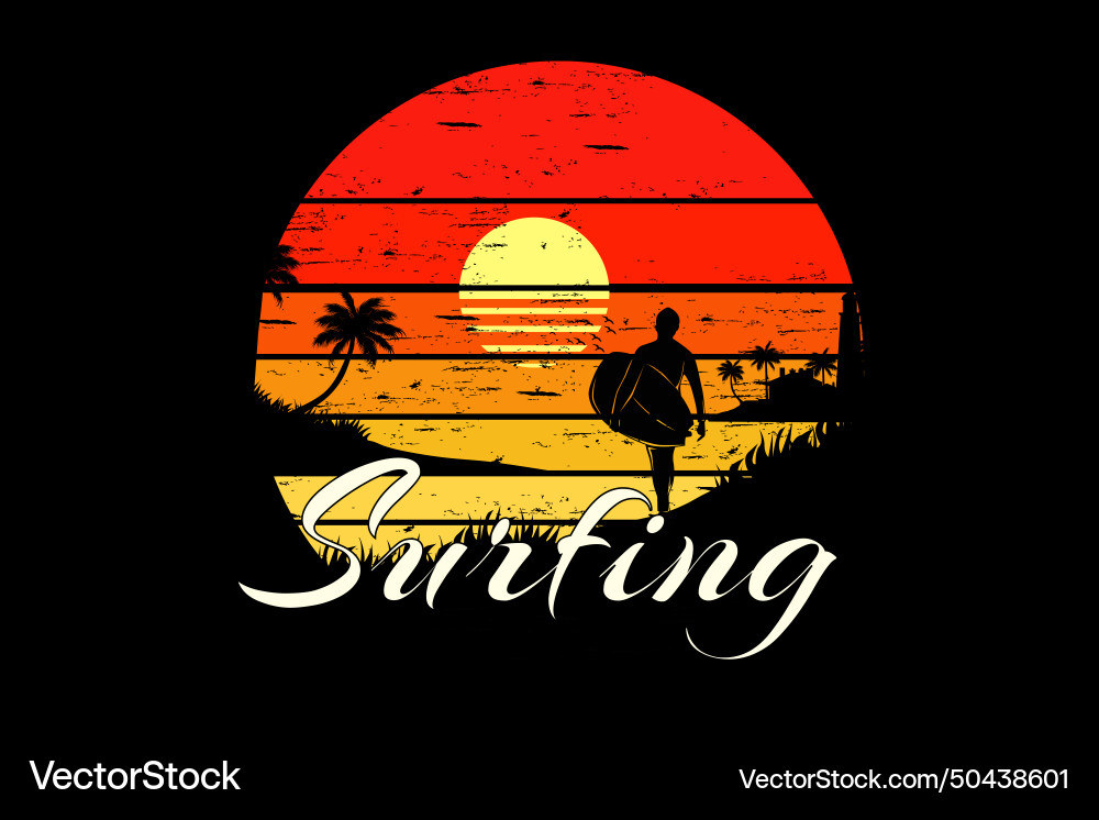 Surfing retro vintage landscape Royalty Free Vector Image
