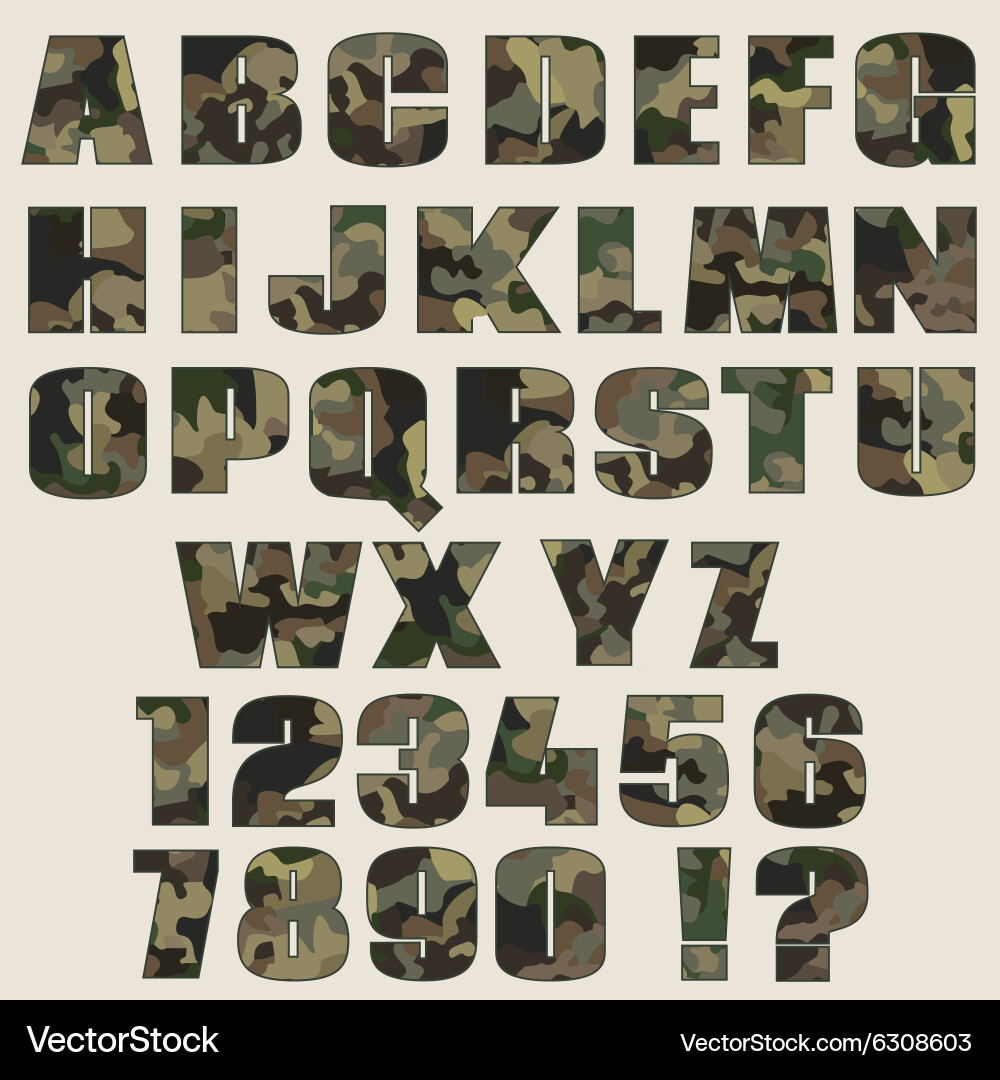 Military Font & Numbers - Camouflage Style Vector Image